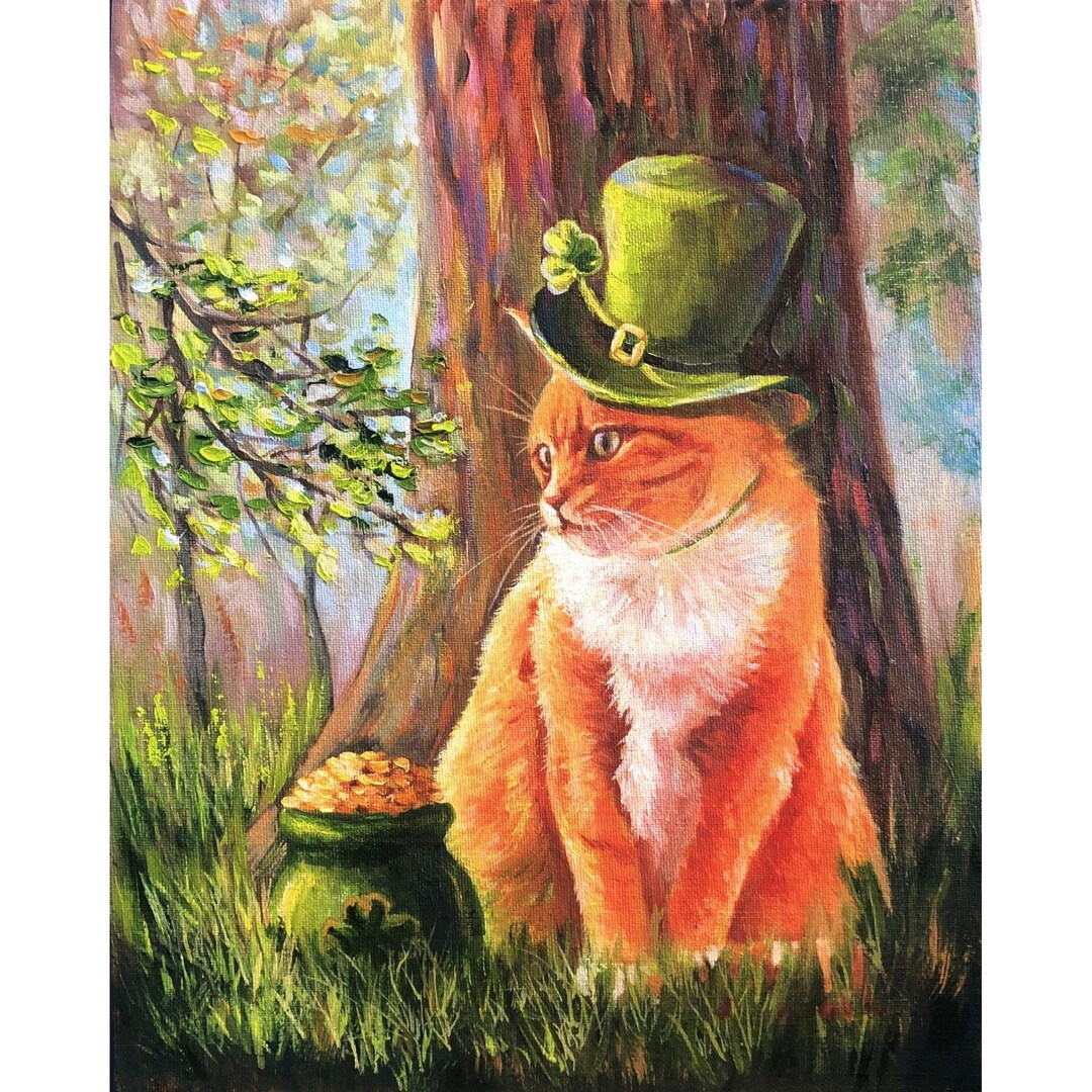 Red Cat Painting St. Patrick's Day Original Art Clover Painting Ireland ...