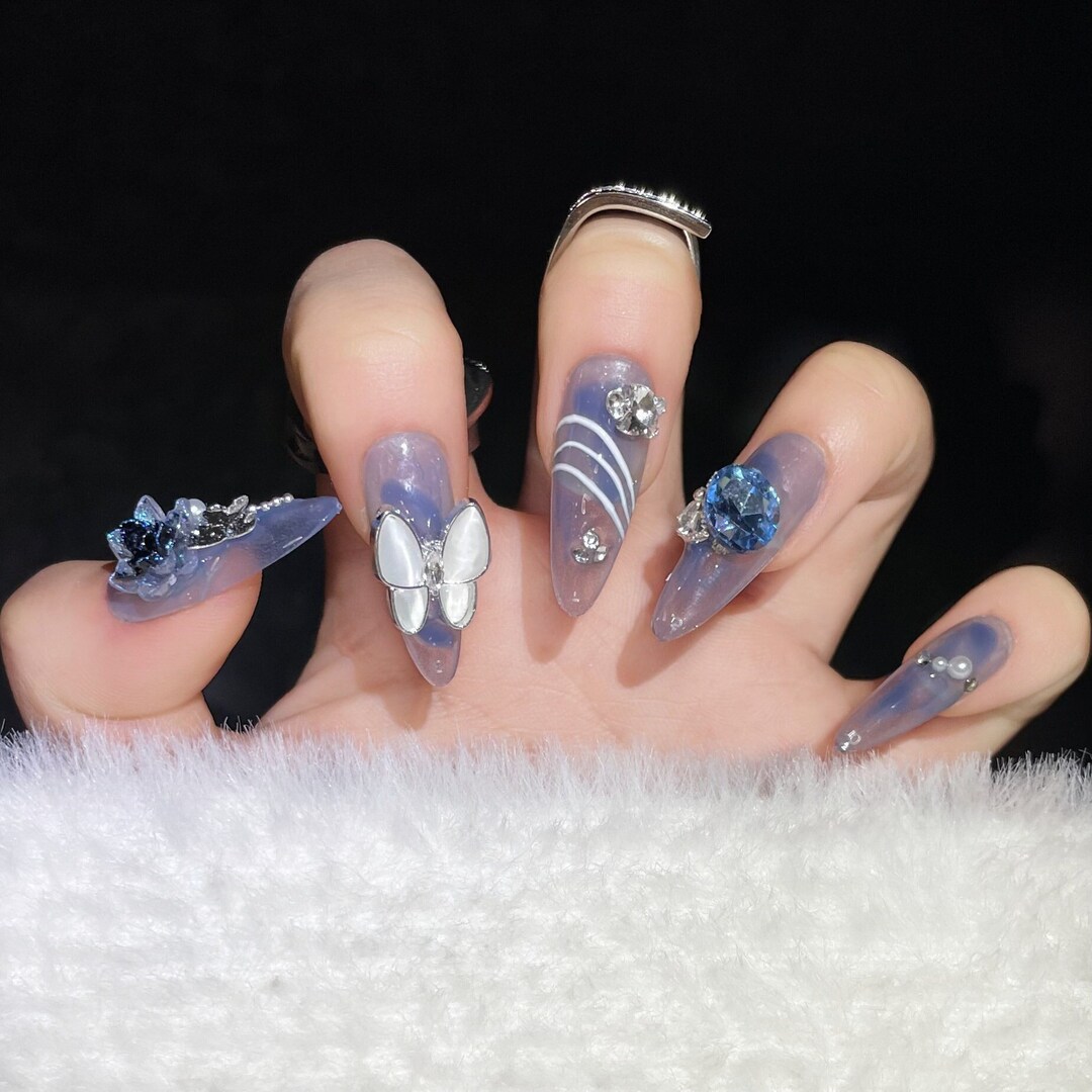 Blue Butterfly Press on Nails/ Fairy Rhinestone Press on Nails/ Girl ...