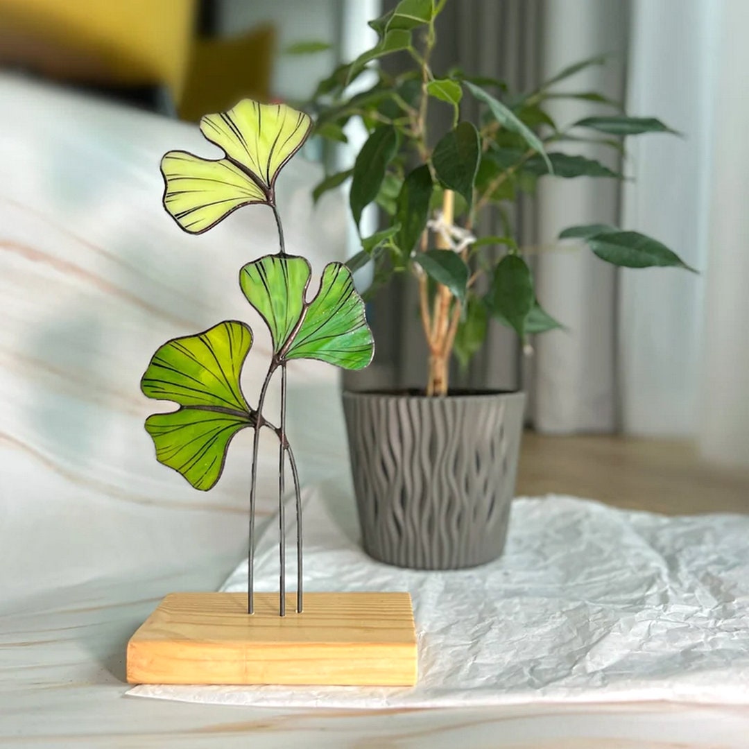 Ginkgo Leaf Stained Glass Table Stand on the Wooden Platform - Etsy