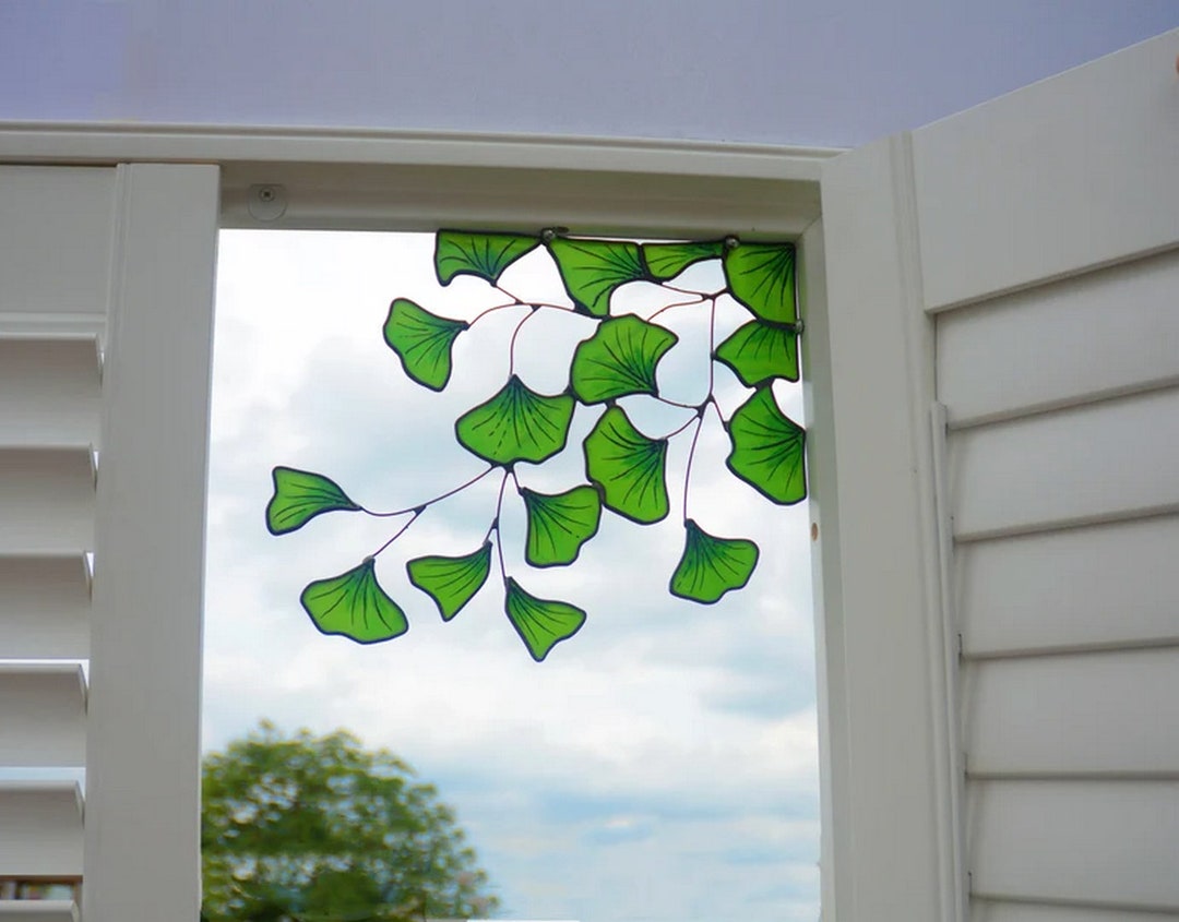 Gingko Leaves Stained Glass Window Corner Decorgreen Leaf - Etsy