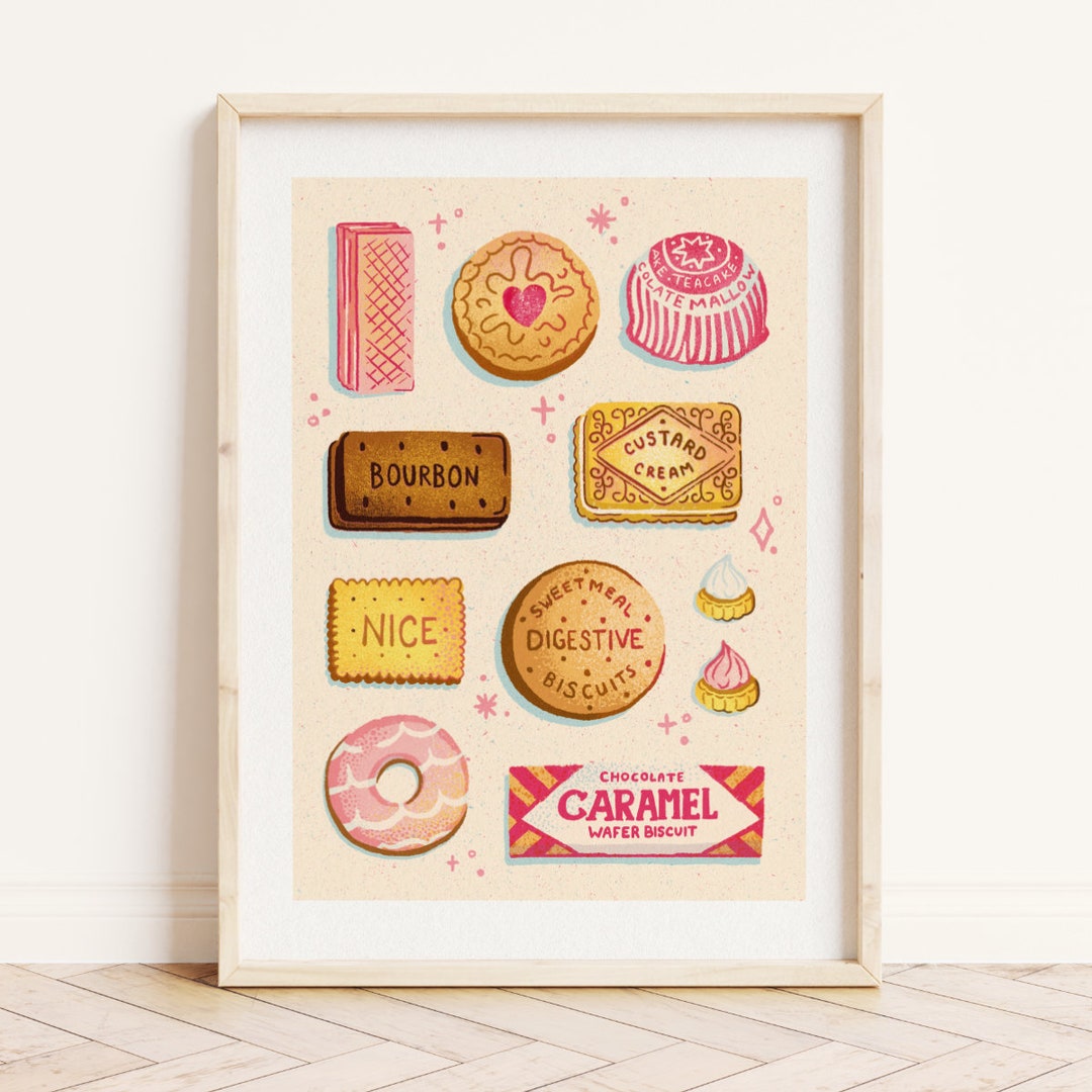 A5 Biscuits Art Print Custard Cream, Bourbon, Teacake, Pink Wafer ...