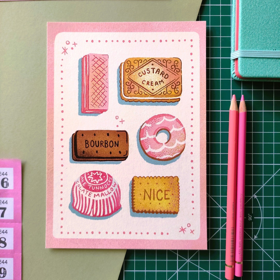 A5 Biscuits Art Print Custard Cream, Bourbon, Teacake, Pink Wafer ...