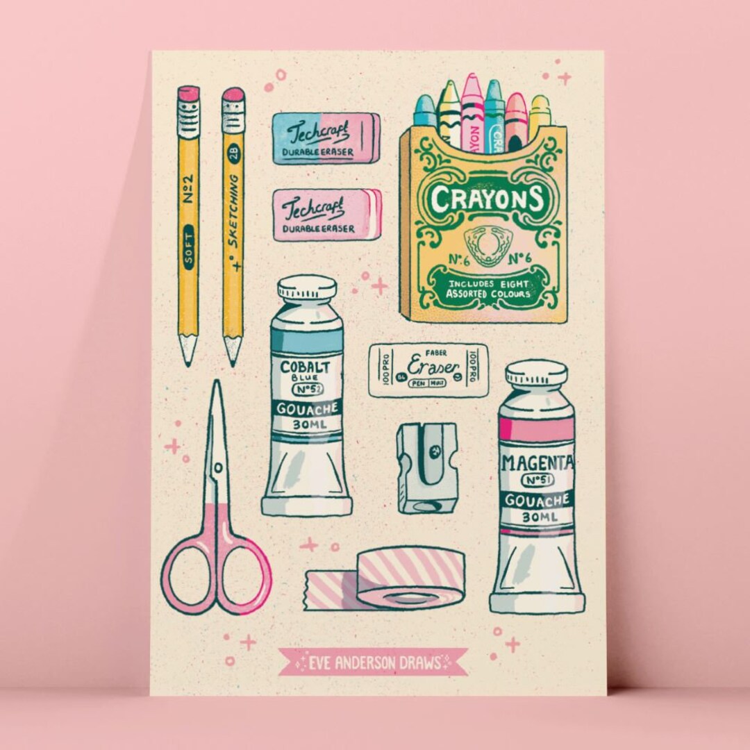 Art Supplies Sticker Sheet - A6 Vinyl Sticker Sheet | Artwork Featuring ...