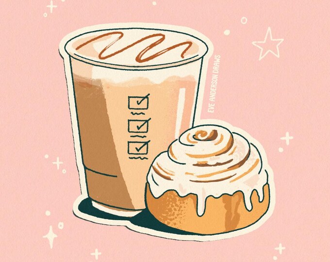 Coffee & Cinnamon Bun Sticker - Hand Drawn Illustration Vinyl Die Cut ...