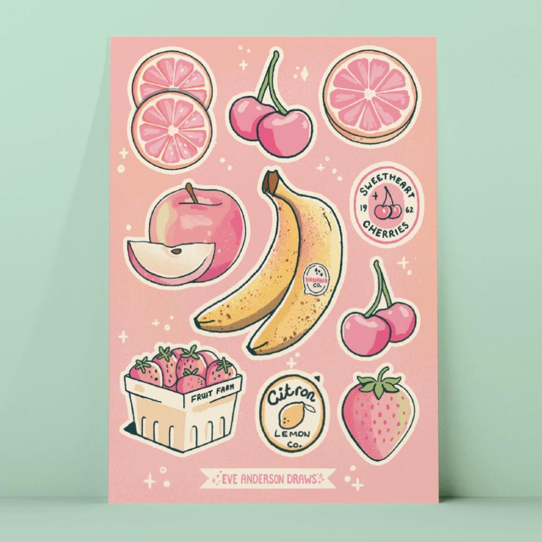 Fruity Sticker Sheet A6 Vinyl Sticker Sheet Artwork Featuring Apples, Bananas and Summer Fruits ...
