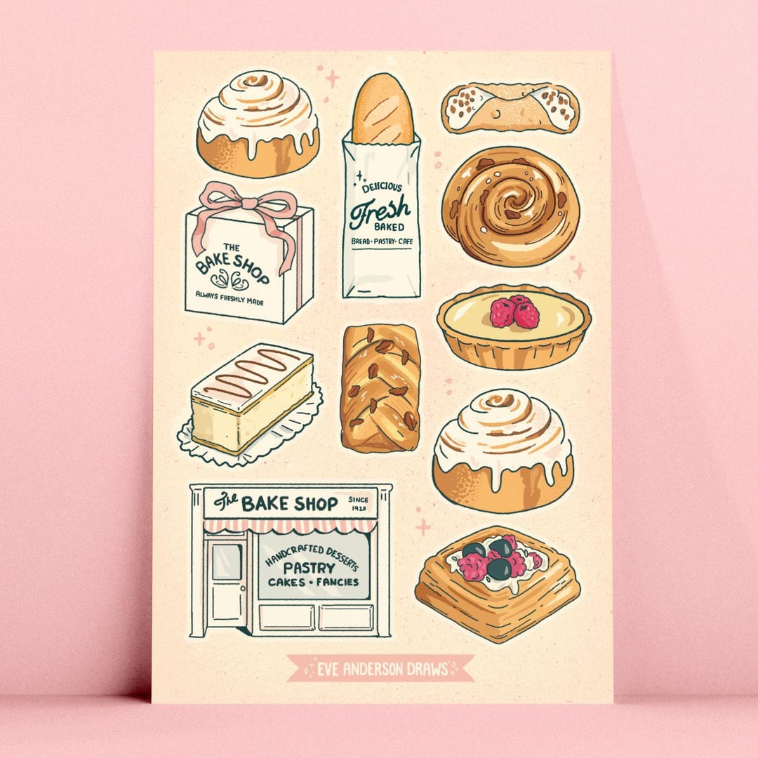 Pastry Sticker Sheet A6 Vinyl Sticker Sheet Cinnamon Buns, Cannoli ...