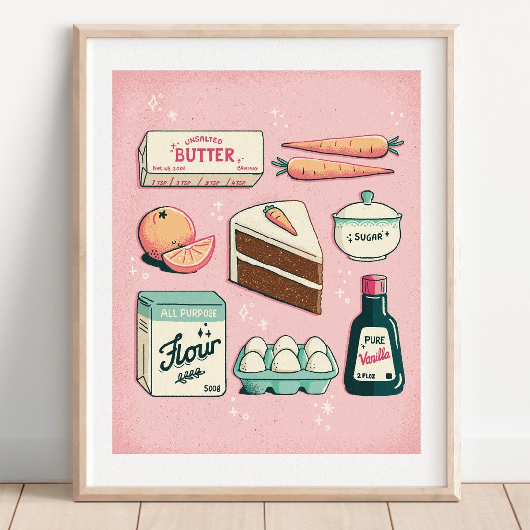 Carrot Cake 8x10 Baking Print | Kitchen Art Print | Baking Gift | Pink ...