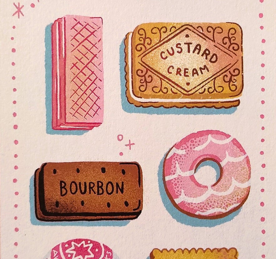A5 Biscuits Art Print Custard Cream, Bourbon, Teacake, Pink Wafer ...