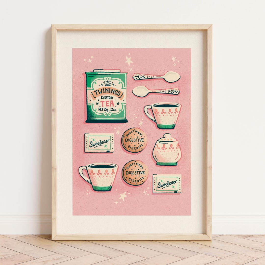 A5 Biscuits Tea Time Print | Mid Century Tea Cup, Tea Cup Art, Pink ...