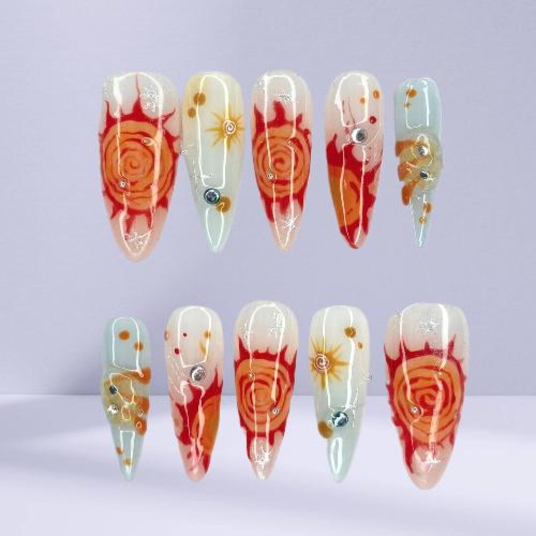 Red Sun Press on Nails Fake Nails 3D Easy Wear, Handmade Press on Nails ...