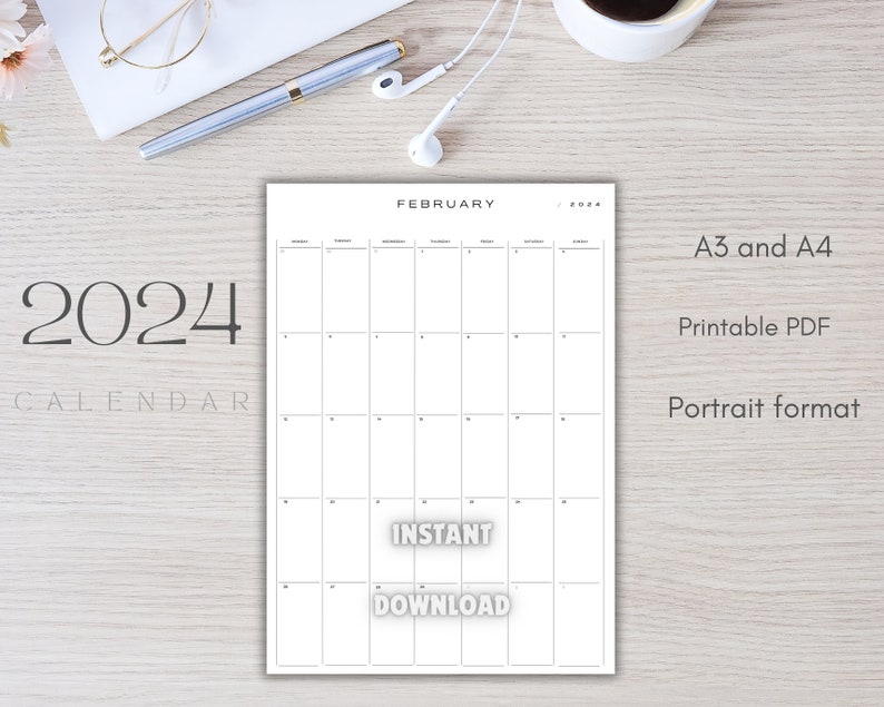 2024 Calendar Printable Minimalistic Monthly Calendar 2024 A4, US ...