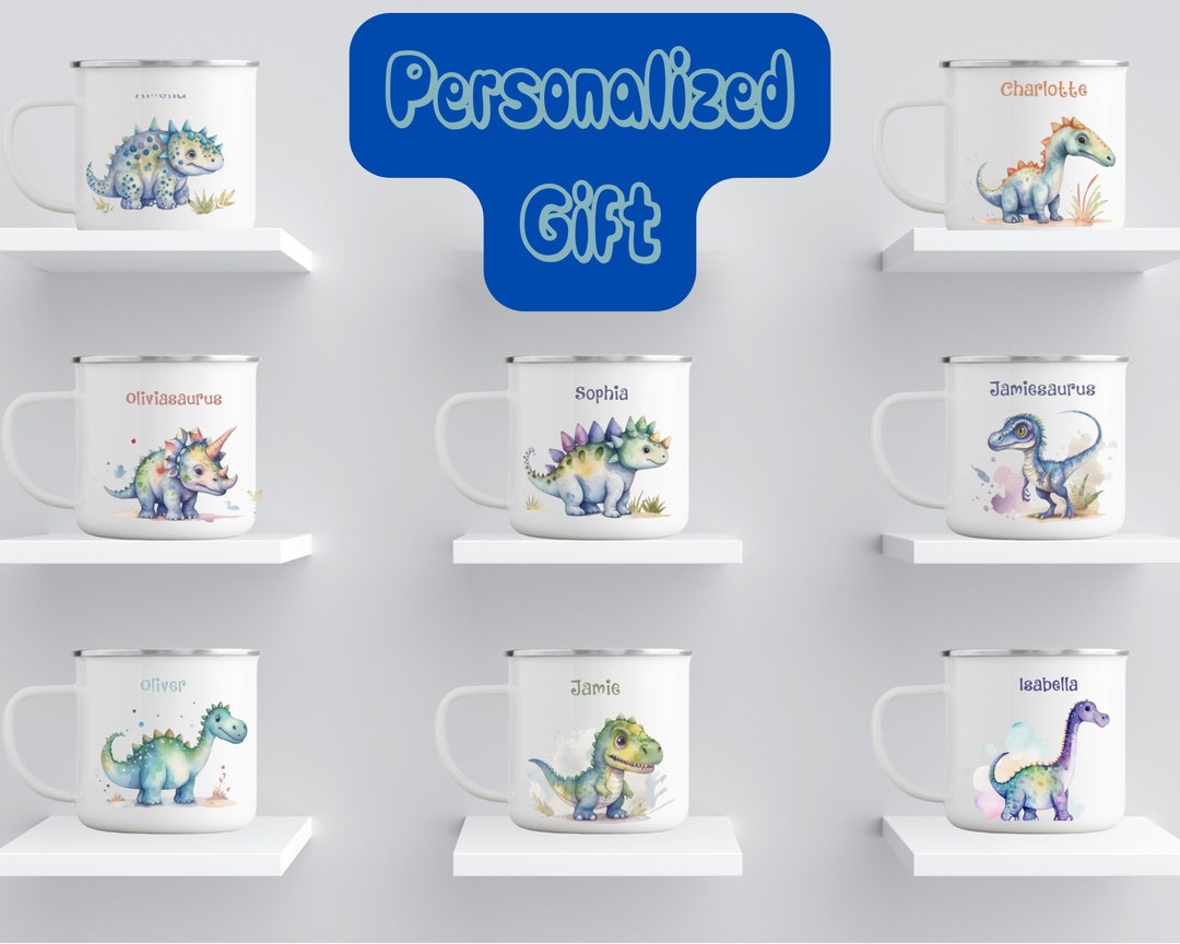 Personalized Children Dinosaurs Enamel Camping Mug, 8 Custom Watercolor ...