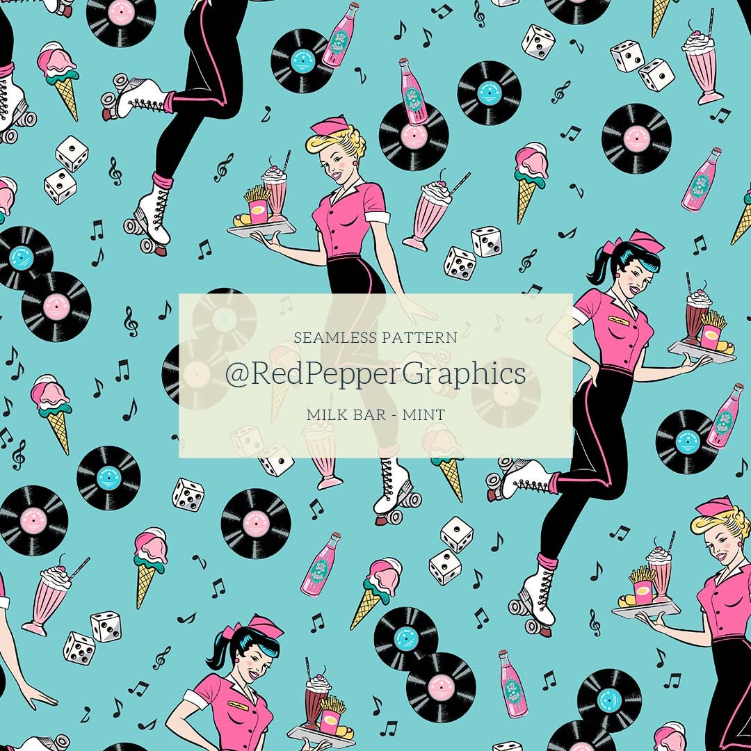 1950s Milk Bar Seamless Pattern: Roller Skates, Waitress, Records, Mint ...