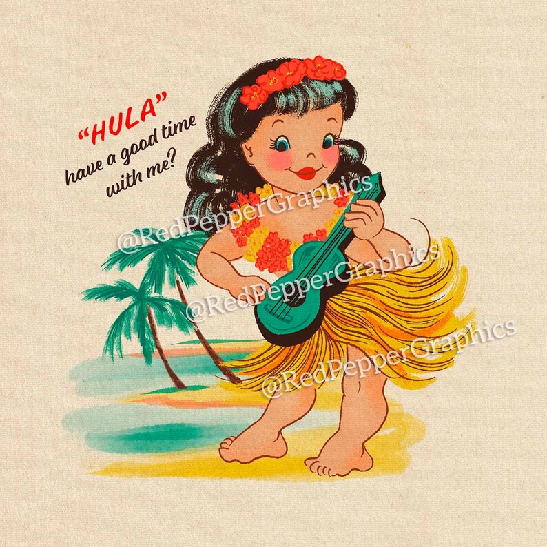 Vintage Valentines Hula Dancer With Ukulele Clipart Image, Hawaiian ...