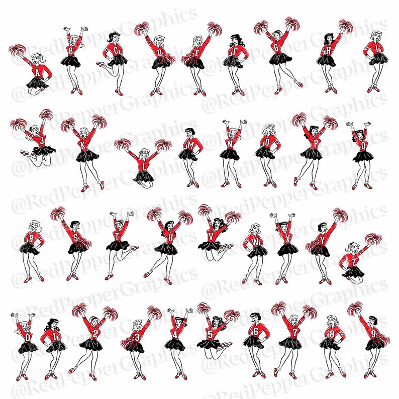 Retro Cheerleaders Alphabet | Digital Clipart File for Instant Download ...