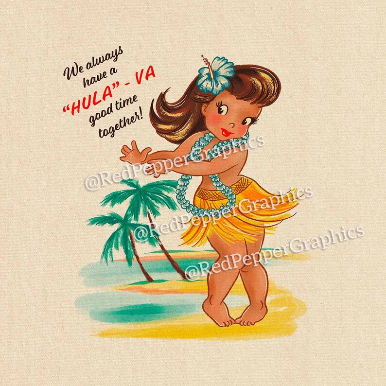 Vintage Valentines Hula Dancer Clipart Image, Hawaiian, Tiki, Tropical ...