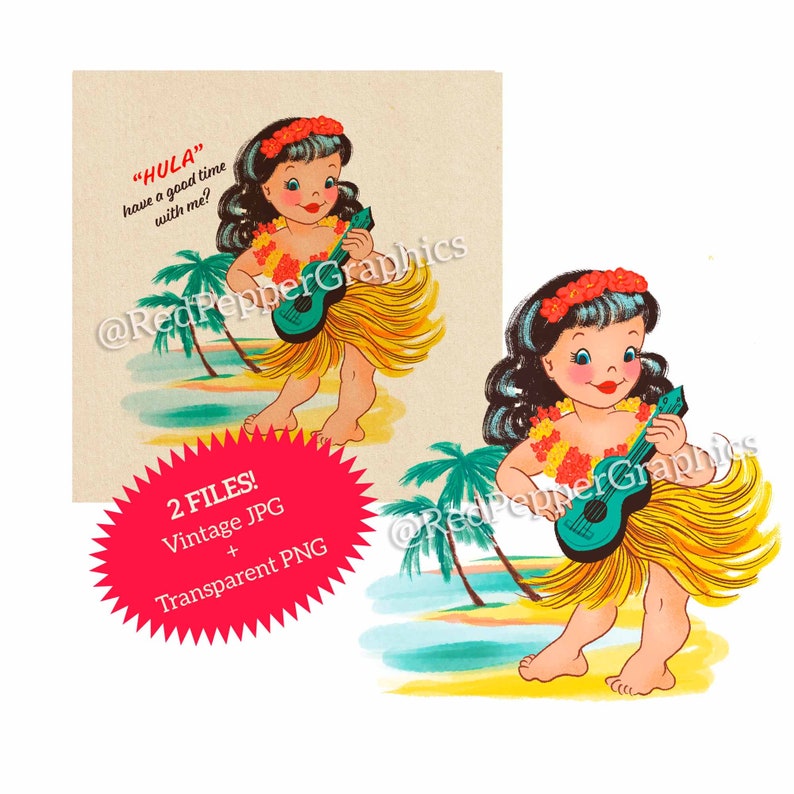 Vintage Valentines Hula Dancer With Ukulele Clipart Image, Hawaiian ...