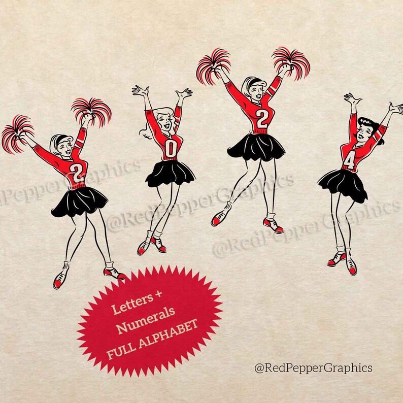 Retro Cheerleaders Alphabet | Digital Clipart File for Instant Download ...