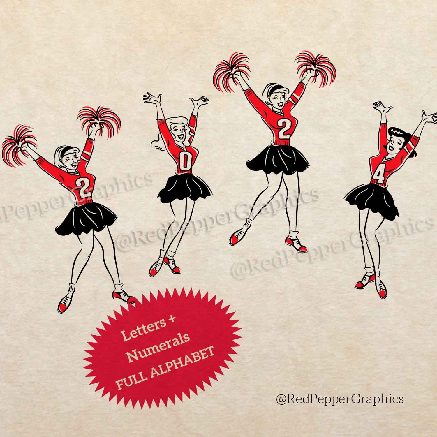 Retro Cheerleaders Alphabet | Digital Clipart File for Instant Download ...