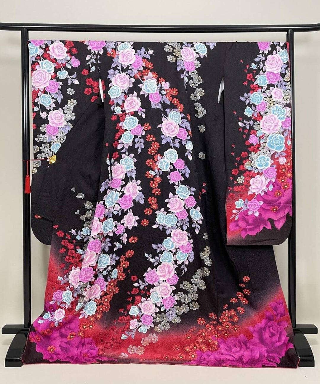 Japanese Kimono Furisode Luxurious Wedding Pure Silk Rose Flower Black ...