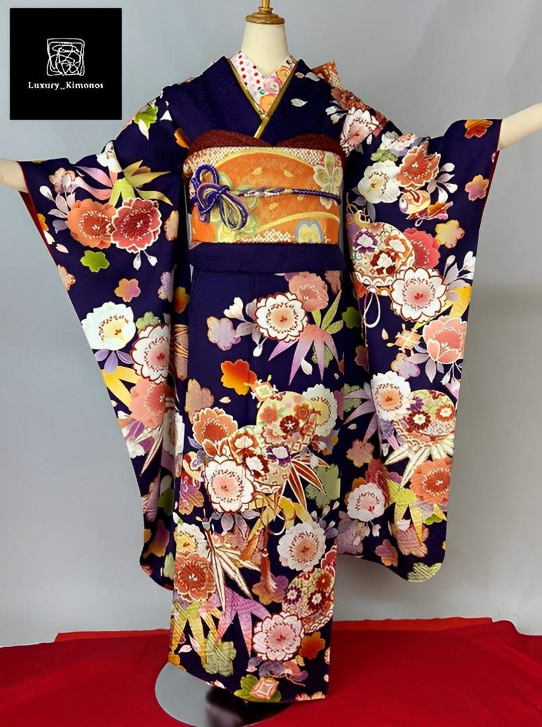 Furisode Kimono Full Set Navy Color Flower Pattern Wedding Premium Pure Silk Craftsman Japanese ...