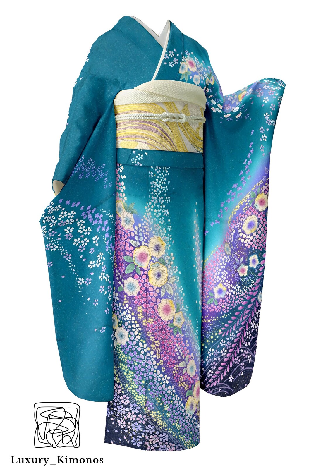 Furisode Kimono Blue Color Flower Pattern Premium Pure Silk 2set ...