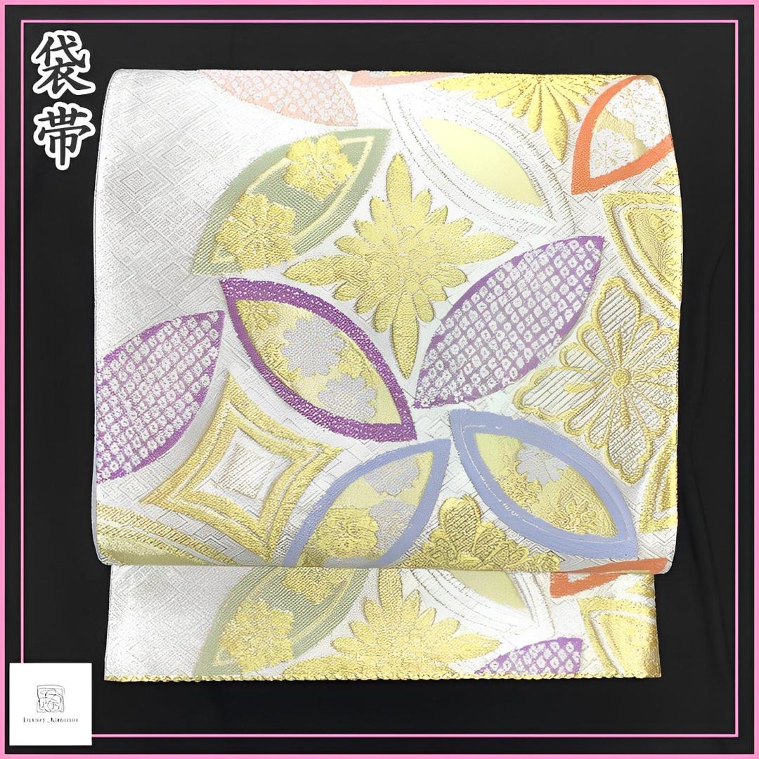 Obi Kimono Silver Color Hishi Tsunagi Pattern Wedding Premium Pure Silk ...