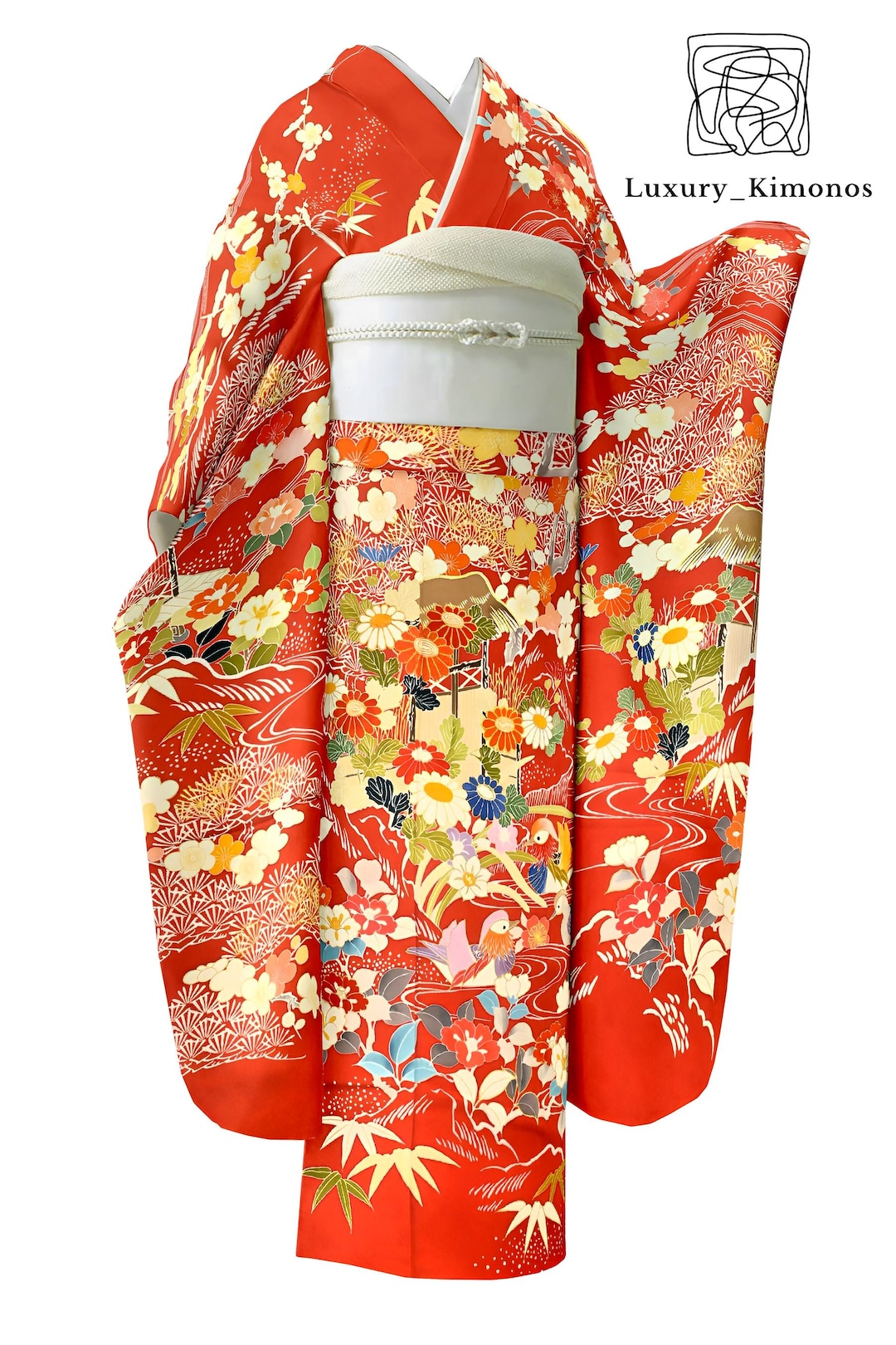 Furisode Kimono Red Color Lucky Flower Leaf Pattern Premium Pure Silk Wedding Craftsman Japanese ...
