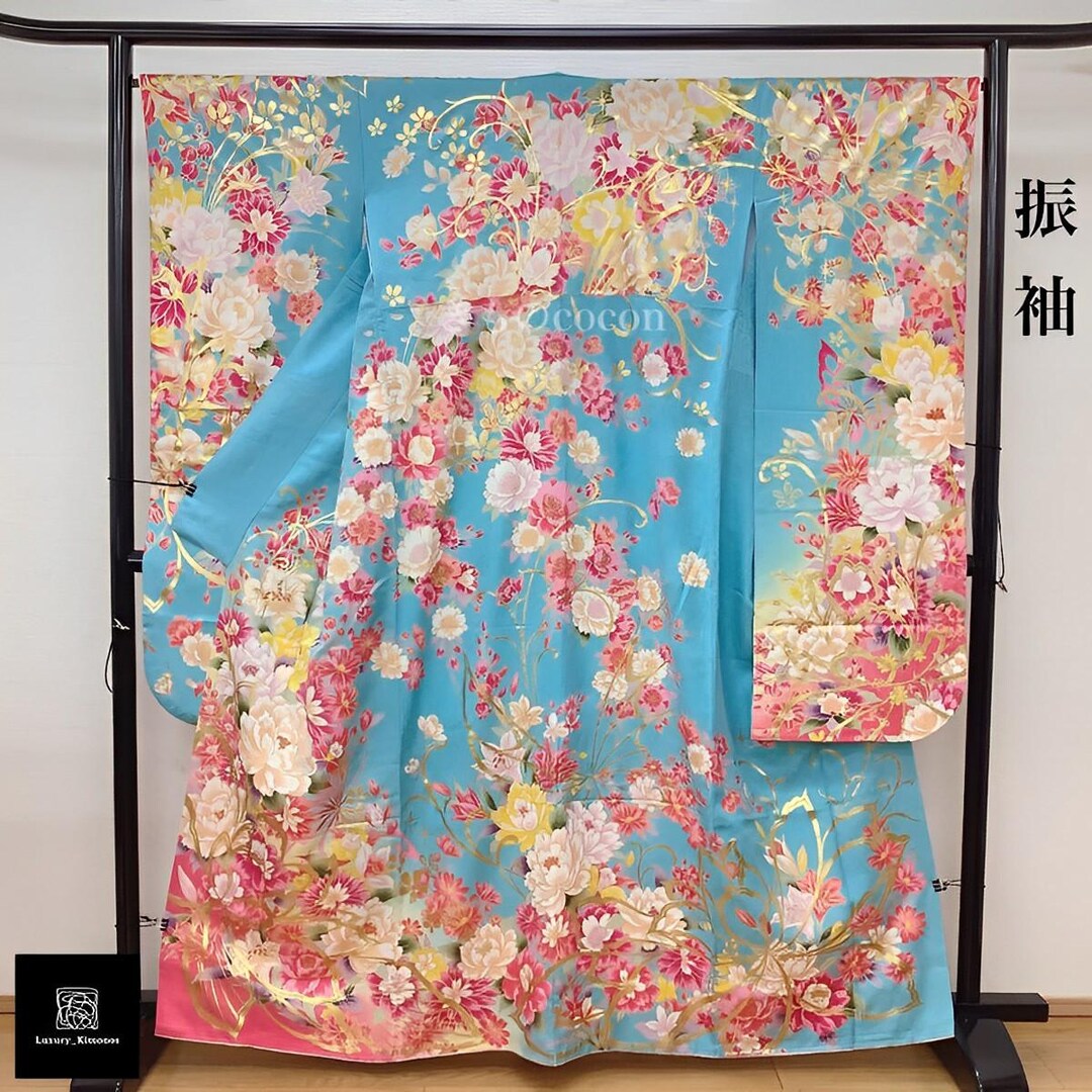 Furisode Kimono Light Blue Color Flower Premium Pure Silk Wedding ...