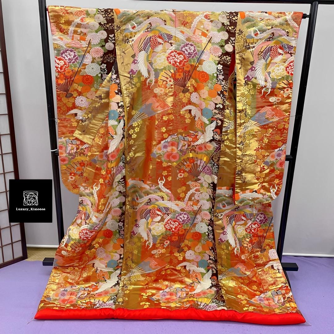 Uchikake Kimono Orange Color Phoenix Pattern Gold Thread Elegant ...