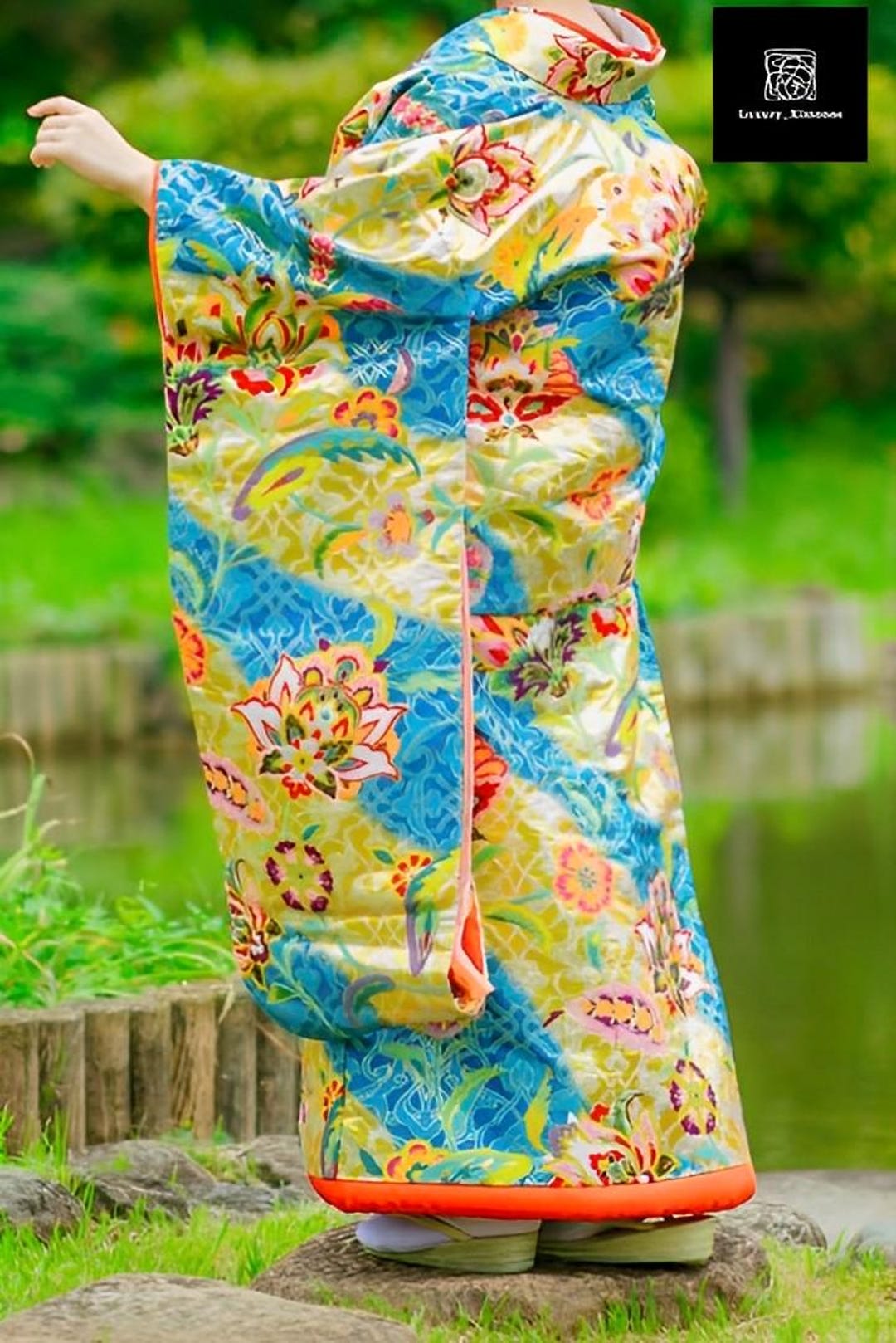 Uchikake Kimono Blue Color Flower Pattern Wedding Nishijin Weaving ...