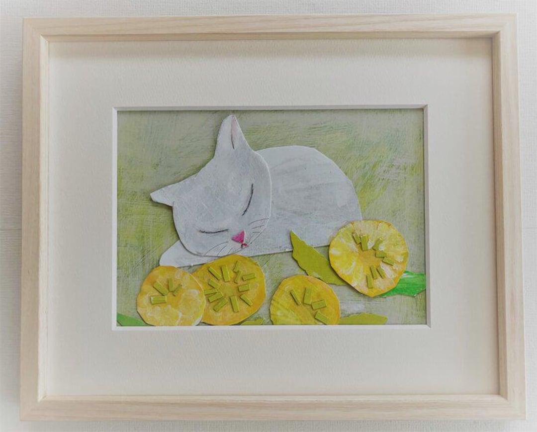 MIYOSHI JUNKO Japanese Collage Art "dandelion and White Cat" Signed ...