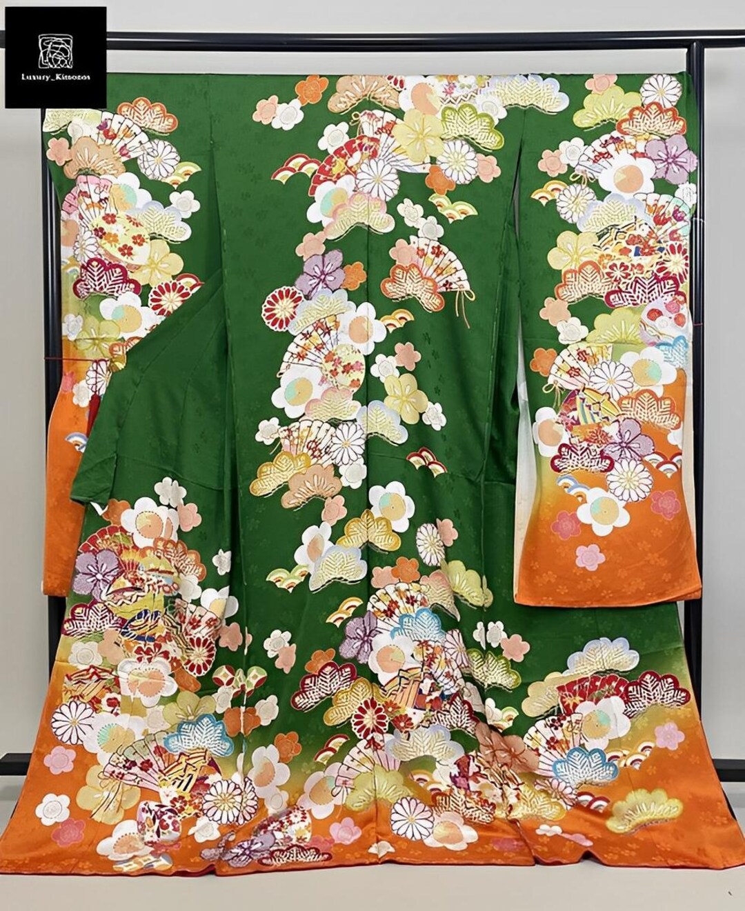 Furisode Kimono Karieba Green Color Flower Pattern Wedding Premium Pure ...