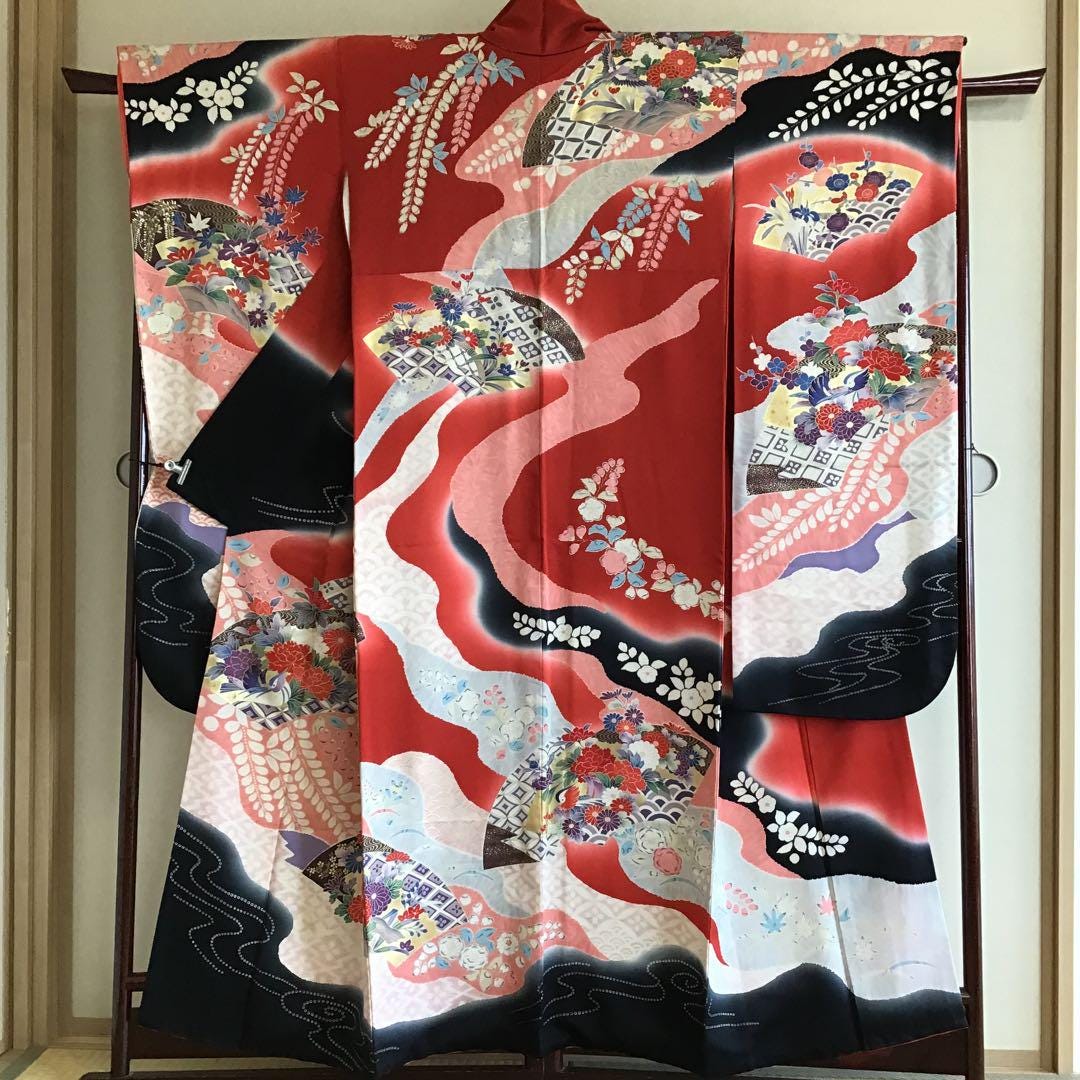 Japanese Kimono Furisode Luxurious Wedding Pure Silk Tsuzigahana Fan Flower Red White Black ...