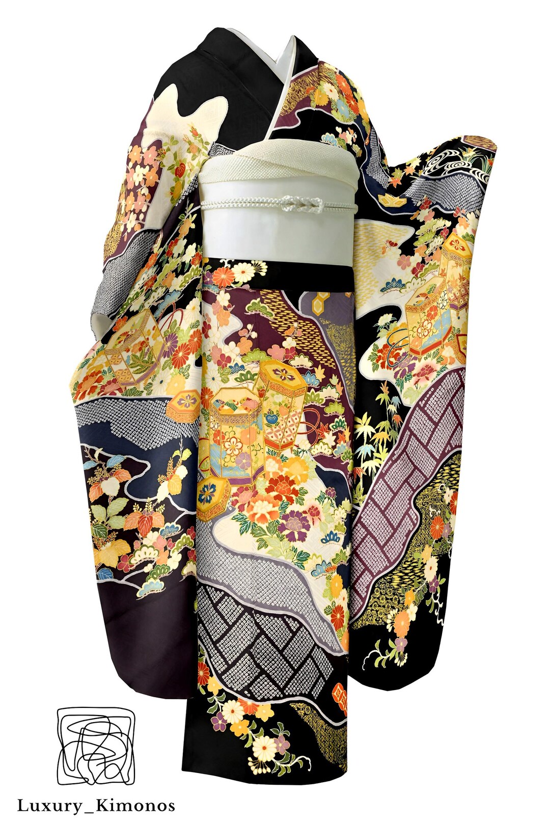 Furisode Kimono Black Color Spring Autumn Shell Pattern Premium Pure ...