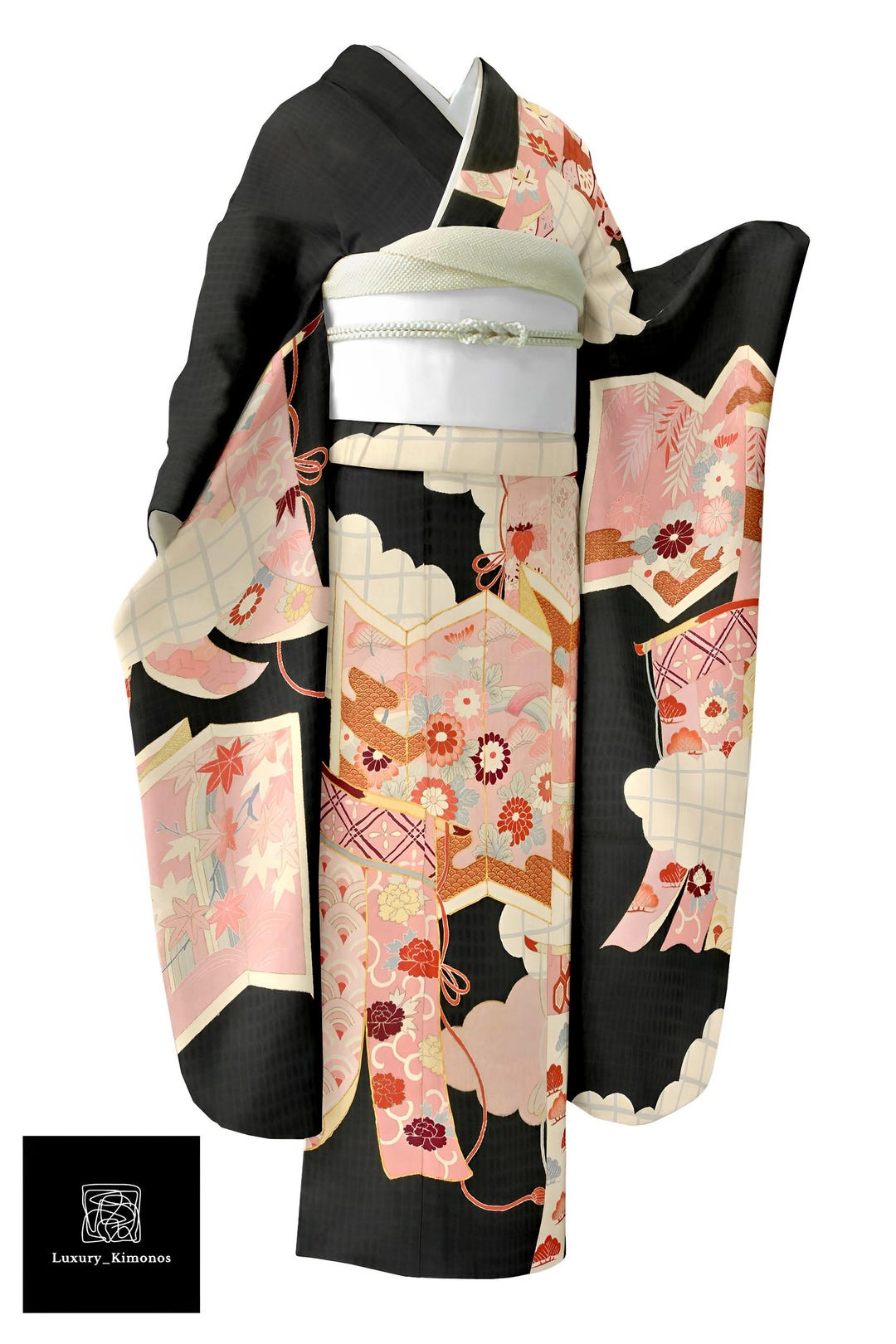 Furisode Kimono Black Color Long Lattice Pattern Premium Pure Silk ...