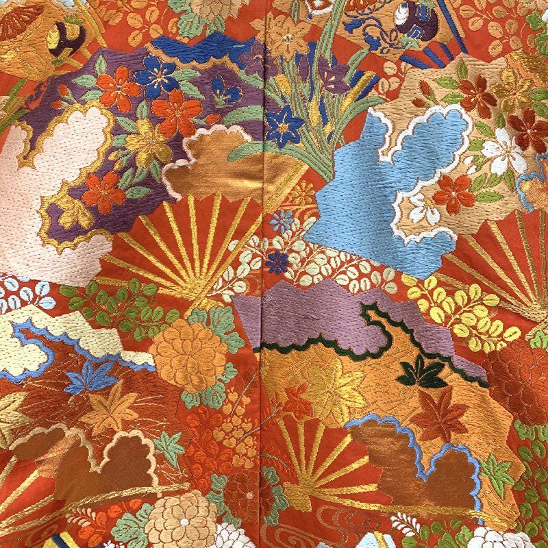 Uchikake Kimono Red Color Fan Pattern Wedding Premium Pure Silk ...