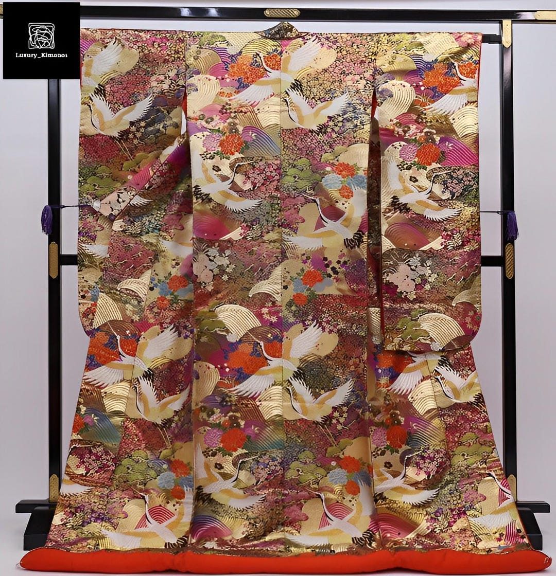 Uchikake Kimono Red Color Flying Crane Pattern Premium Pure Silk ...