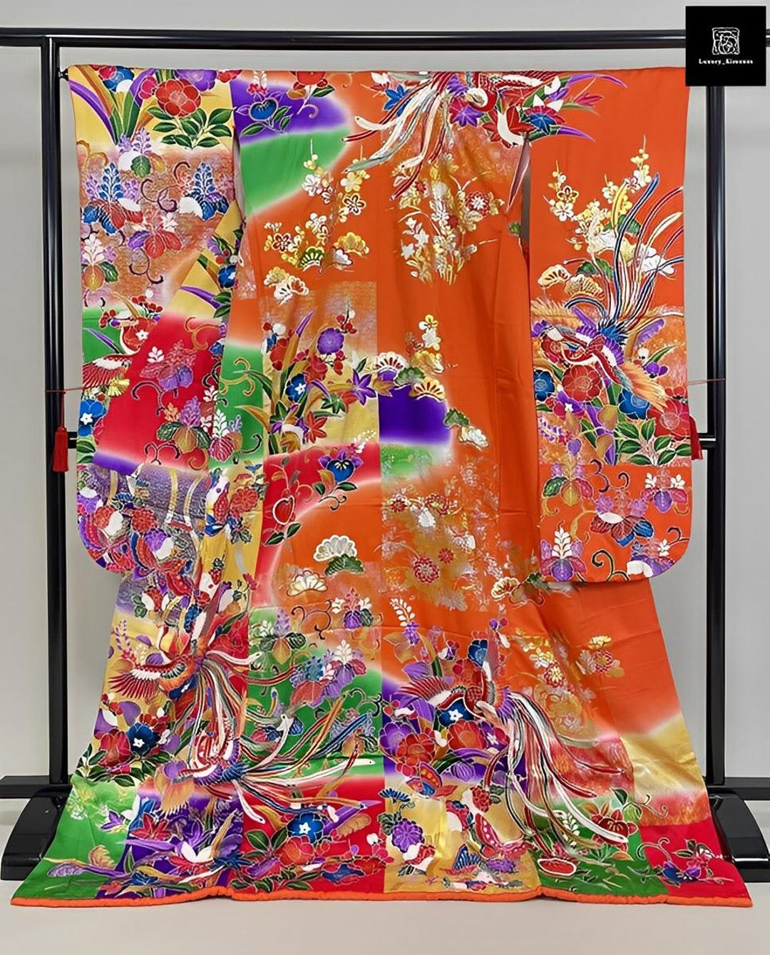 Furisode Kimono Orange Color Phoenix Pattern Wedding Premium Pure Silk ...