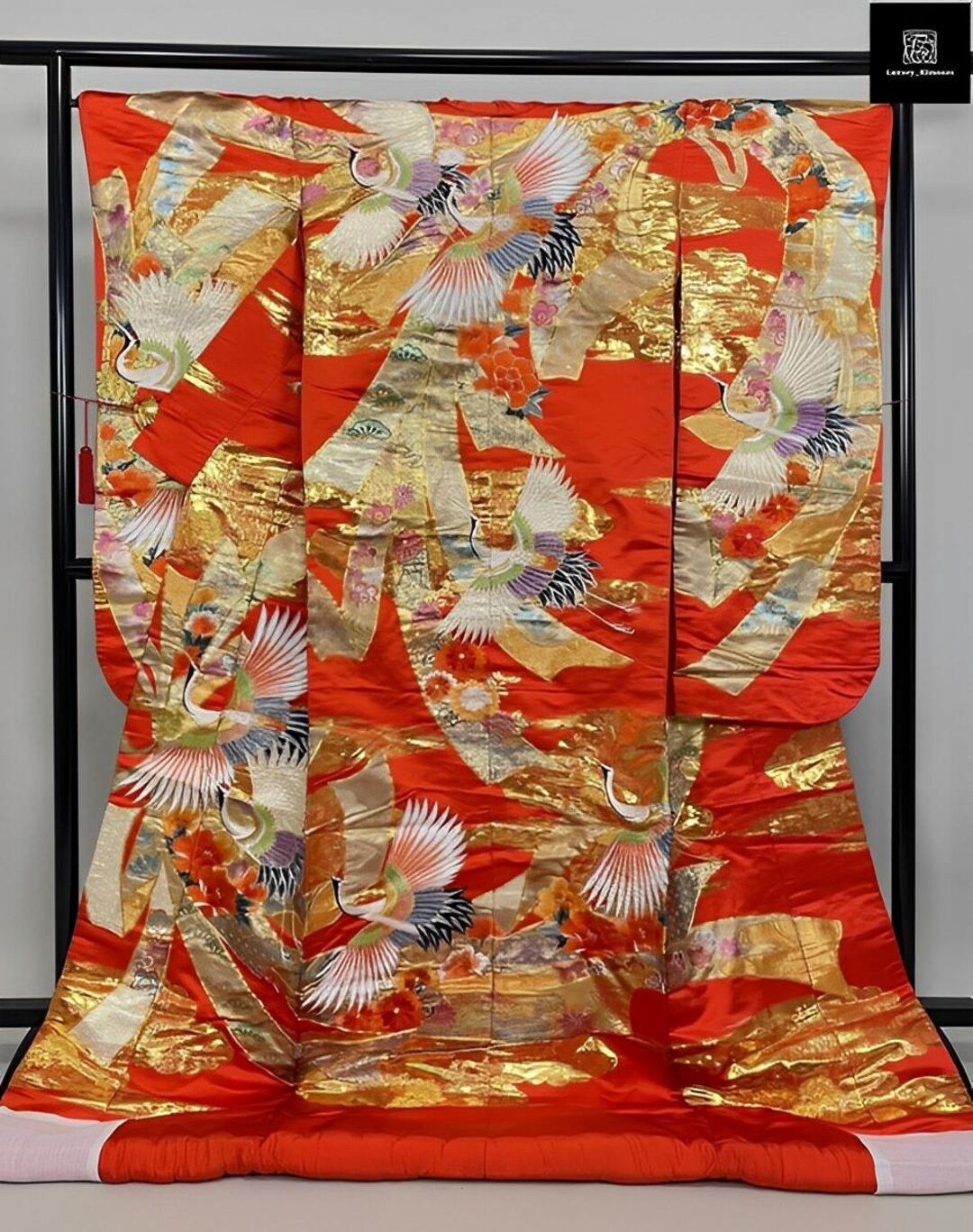 Uchikake Kimono Red Color Flying Crane Pattern Premium Pure Silk ...