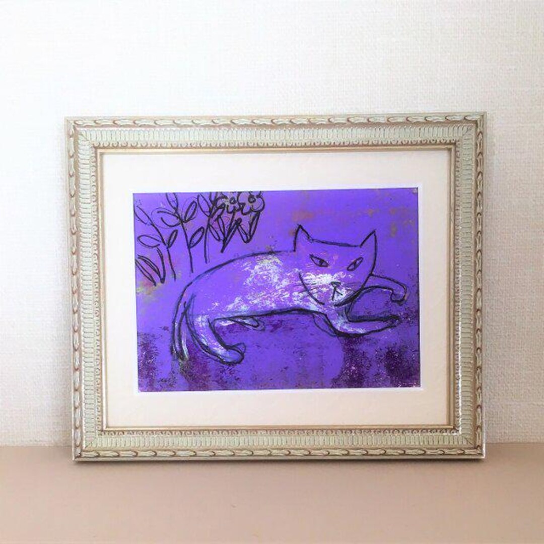MIYOSHI JUNKO Japanese Acrylic Art "cat" Signed Framed Purple Colorful ...