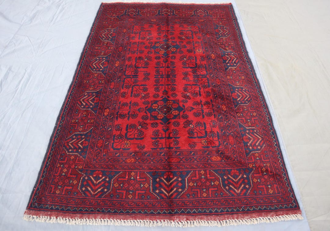 3x5 Ft Bukhara Red Rug/ Tribal Turkmen Hand Knotted Authentic Wool Rug ...