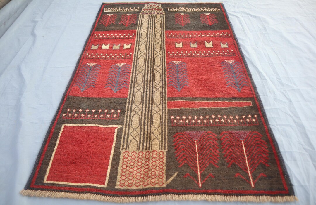 Pictorial Minar Rug 3x4 Ft, Afghan Beige Handmade Red Rug, High Pile ...