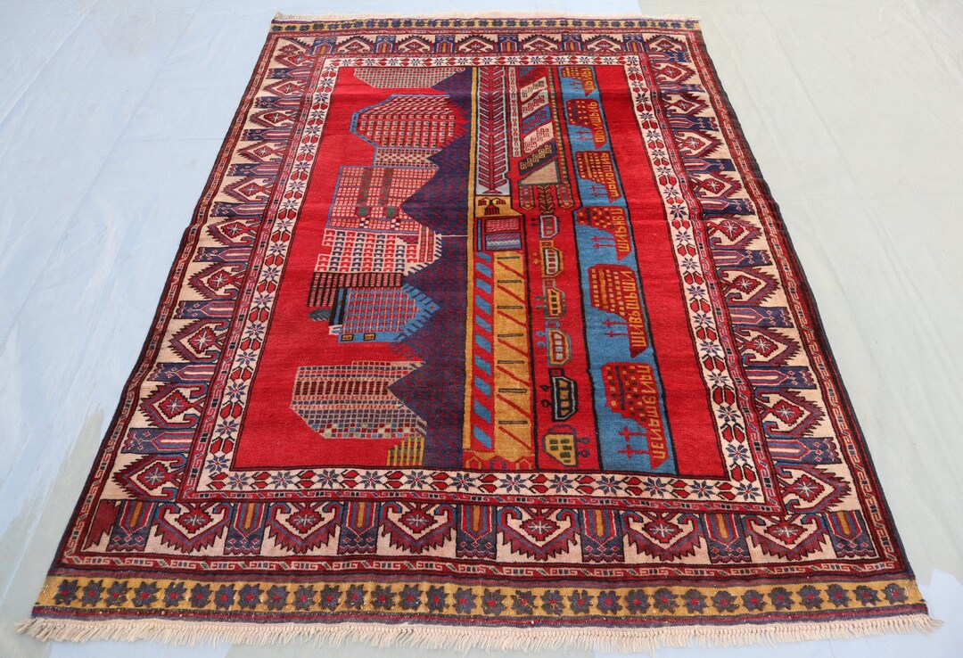 4'4x6'1 Vintage Pictorial Rug, Landscape Buildings Design Rug, Afghan ...