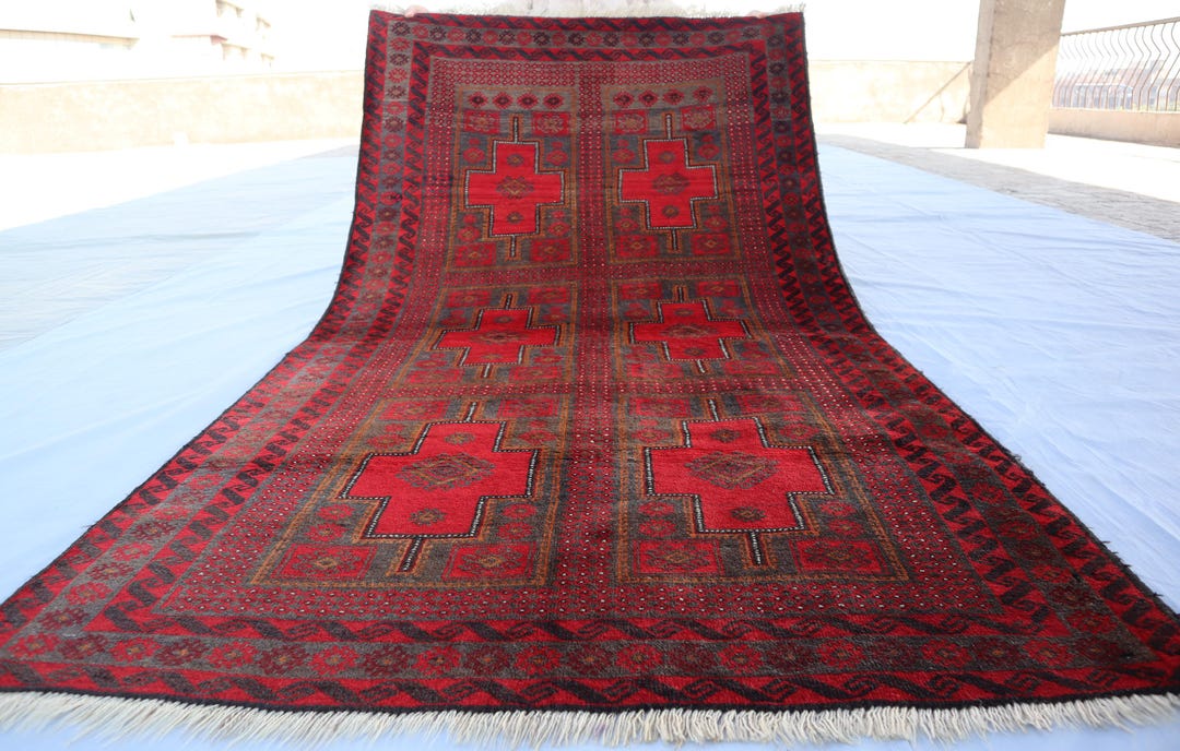 Red Antique Rug 4x7 Ft High Pile Soft Plush Wool Rug, Afghan Tribal ...