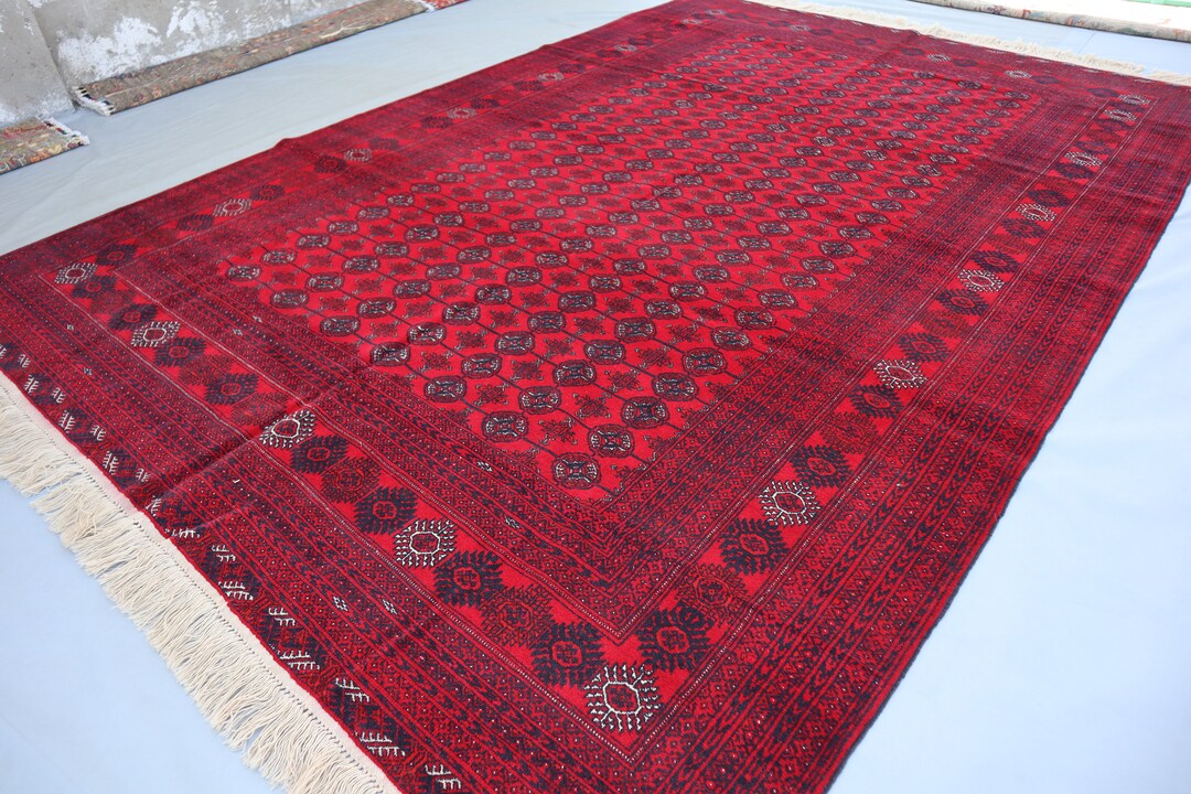 8x12 Ft Red Turkmen Rug- Large Afghan Bukhara Handmade Wool Area Rug ...