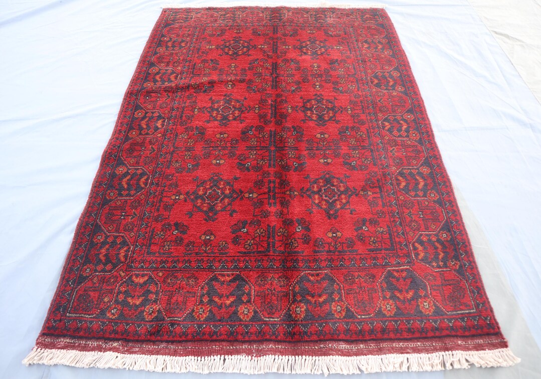 3'6x5'2 Ft Turkmen Red Rug, Afghan Bukhara Rug, Handmade Plush Wool Rug ...