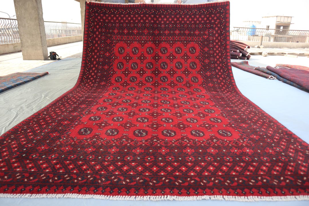 Red Afghan Rug 6'5x9'10 Ft Vintage Bukhara Hand-knotted Wool Rug ...