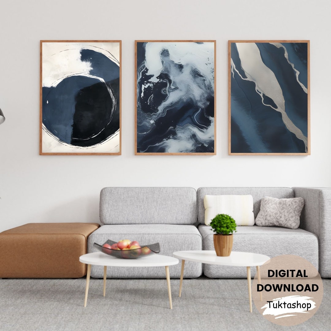 Set of 3 Prints Navy Blue Beach Abstract Gallery Wall Art, Neutral ...