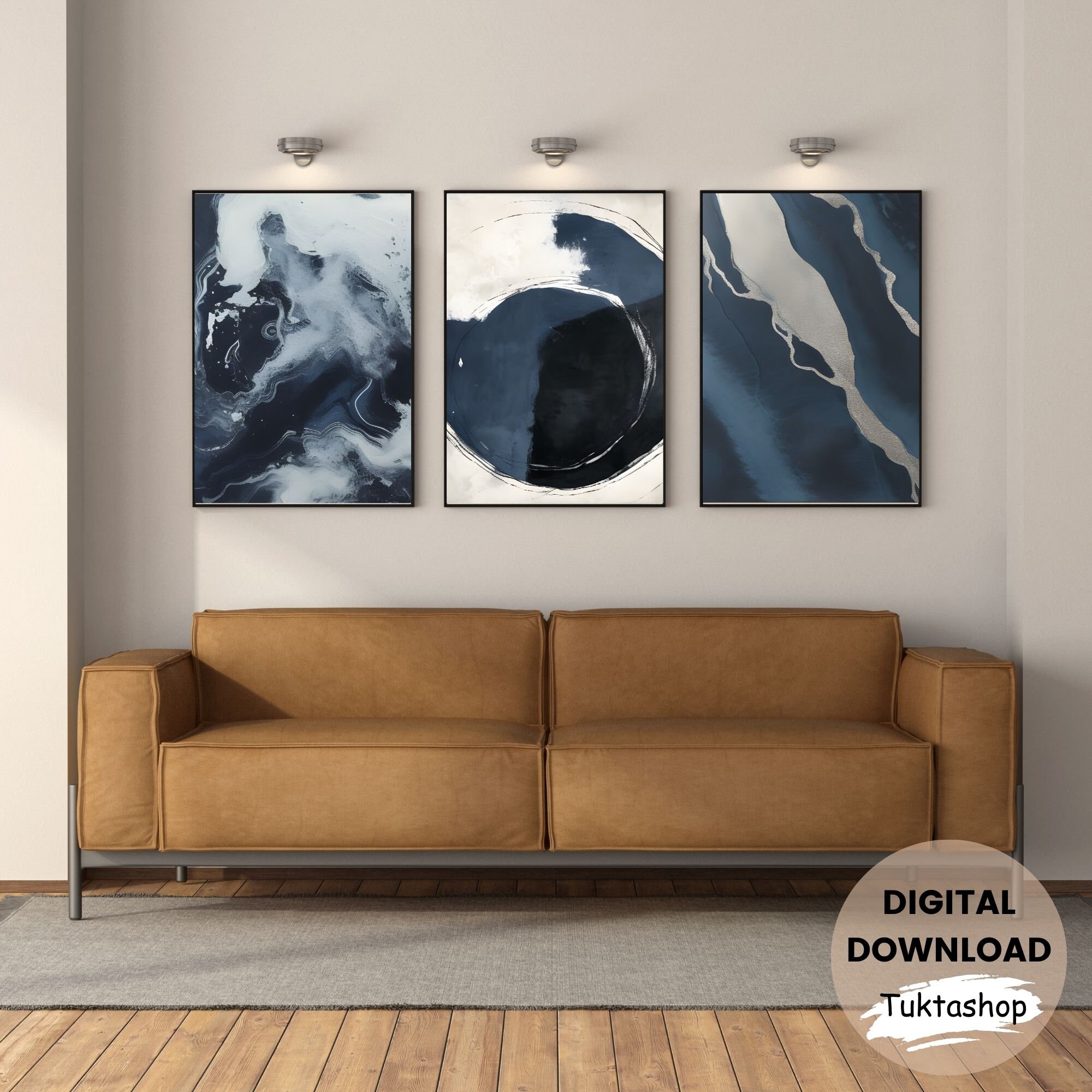 Set of 3 Prints Navy Blue Beach Abstract Gallery Wall Art, Neutral ...